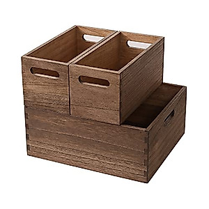 DDYURI Stackable Storage Bins for Closet Bookshelf (3pack)- Decorative Wooden Storage Basket Cube with Handles for Book Shelves - Functional Wood Box for Toys Organizer Dark Black（3TH-DK