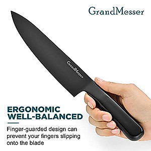 GrandMesser Cooking Chef Knife, 8 Inches Carbon Stainless Steel Kitchen Knife with Sharpener and Ergonomic Handle, Chopping Knife for Professional Use (Titanium Black)