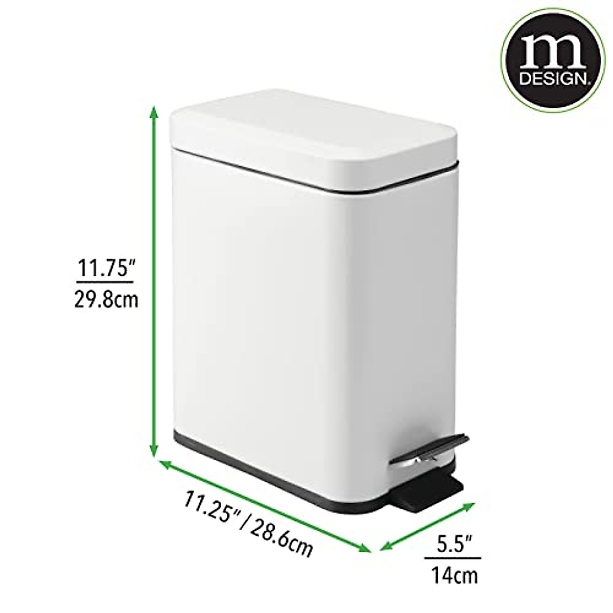 mDesign Small Modern 1.3 Gallon Rectangle Metal Lidded Step Trash Can, Compact Garbage Bin with Removable Liner Bucket and Handle for Bathroom, Kitchen, Craft Room, Office, Garage - White