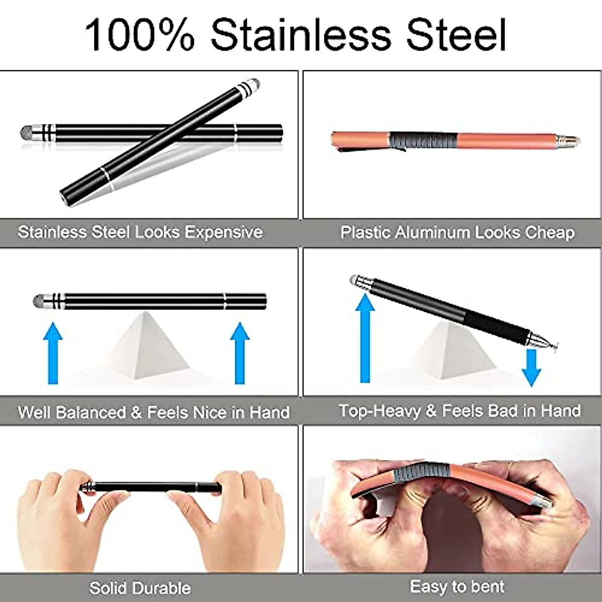 Modern Stylus Pens for Touch Screens Fine Point, 100% Stainless-Steel Fine Tip Stylus Pen, Stylist Pen for iPad, iPhone, Tablet, Laptop, Android, Samsung, Kindle with 7 Replacement Tips (Black/Blue)