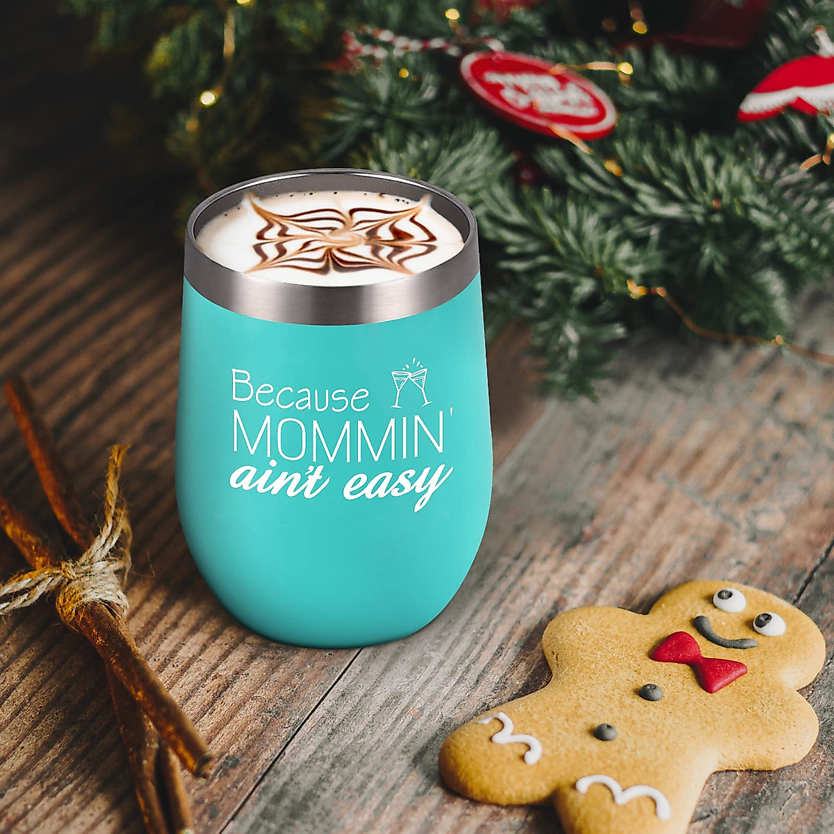 GINGPROUS Mom Wine Tumbler, Because Mommin' ani't easy Funny Mom Gifts from Daughters Sons for Mother's Day Christmas Xmas Gift, 12 Oz Stainless Steel Insulated Wine Tumbler with Lid and Straw, Mint