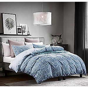 SLEEPBELLA Duvet Cover King, 600 Thread Count Cotton Blue & Green Paisley Floral Pattern Reversible Comforter Cover