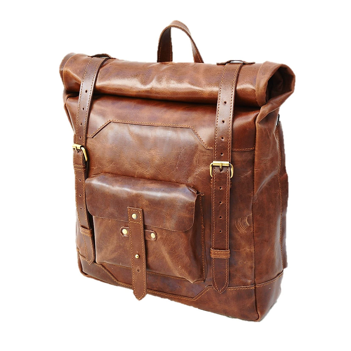 Erangle Men Genuine Leather Laptop Backpack Rucksack Shoulder Roll on Vintage Travel Bag Brown (Brown, 14” (L) x 24” Open (H) – 16” Rolled x 4” (W))