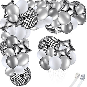 110 Pack 70s Disco Party Party Balloon Kit 22 Inch 4D Mirror Disco Silver Balloons Aluminum Foil Disco Ball Balloons Metallic Pentagram Star Balloons for 60s Birthday Baby Shower Decoration