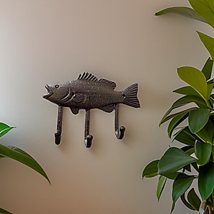 The Bridge Collection 8 1/2" Bass Fish with Hooks - Key Wall Hanger - Bass Fish Coat Hanger - Brown Key Holders - Nautical Key Holder - Gift for Fishermen and Fish Lovers - Decorative Bass Coathanger