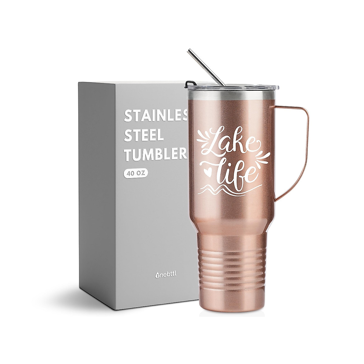 Onebttl Lake House Gifts, Lake Gifts for Women, Men, 40oz Insulated Travel Cup with Handle Lake Life Gifts, Housewarming Gifts for Lake House, Gifts for Lake Lovers, Rose Gold - Lake Life