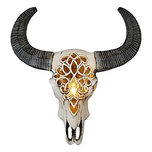 Ebros 16.5" Tall Southwest Aged Bone Tooled Filigree Lace Design Steer Bison Buffalo Bull Cow Horned Skull Head Night Light Lamp LED Wall Decor Plaque Skulls Western Accent Lighting