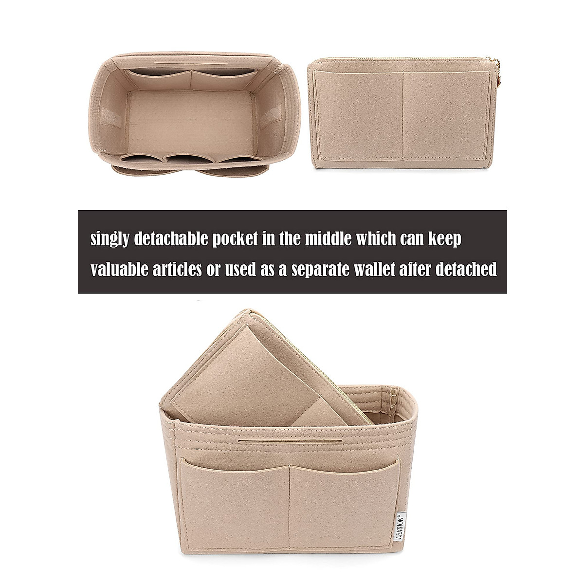 LEXSION Felt Purse Bag Organizer Insert with zipper Bag Tote Shaper Fit Speedy Neverful PM MM 8021 Beige M