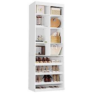 IRONCK Closet Shoe Organizer Cabinet with Shelves and Cubbies, Narrow Footwear Shoe Rack Storage Organizer for Closet for Bedroom, Entryway, Mudroom, White