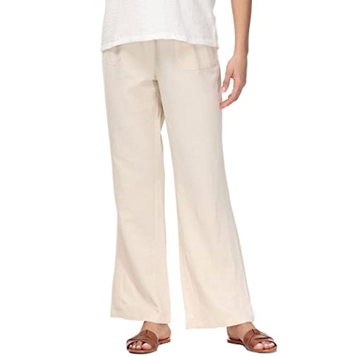 Soojun Women's Casual Linen Blend Elastic Waist Flared Pants, Khaki, XL/29 Inseam