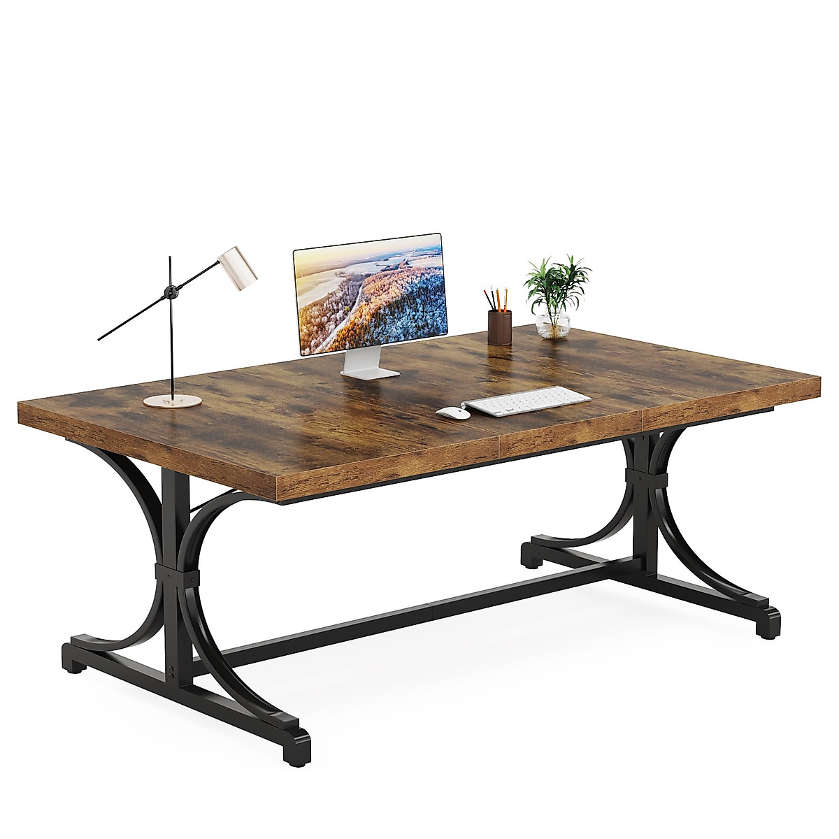Tribesigns 62.4-Inch Executive Desk, Rectangle Office Computer Desk with Thick Wooden Tabletop and Metal Frame, Study Writing Table Workstation for Home Office, Rustic Brown & Black