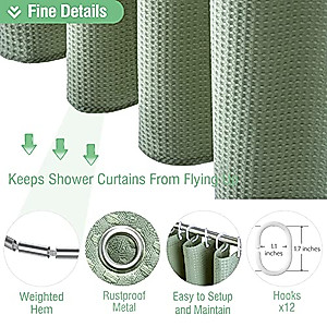 Dynamene Sage Green Shower Curtain - Waffle Textured Heavy Duty Thick Fabric Shower Curtains for Bathroom, 256GSM Luxury Weighted Polyester Cloth Bath Curtain Set with 12 Plastic Hooks，72Wx72H,Green