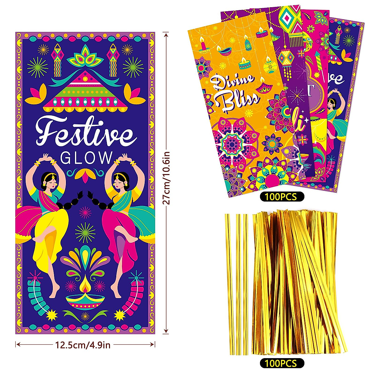 Konsait Happy Diwali Gift Bags, 100 Pack Cellophane Treat Bags with Ties Cookie Bags for Packaging Diwali Gift Bag 4 Designed Candy Bags for Indian Diwali Festival Party Favors