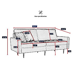 JULYFOX Emerald Green Velvet Fabric Sofa Couch, 70 inch Wide Mid Century Modern Living Room Couch 700lb Heavy Duty with 2 Throw Pillows