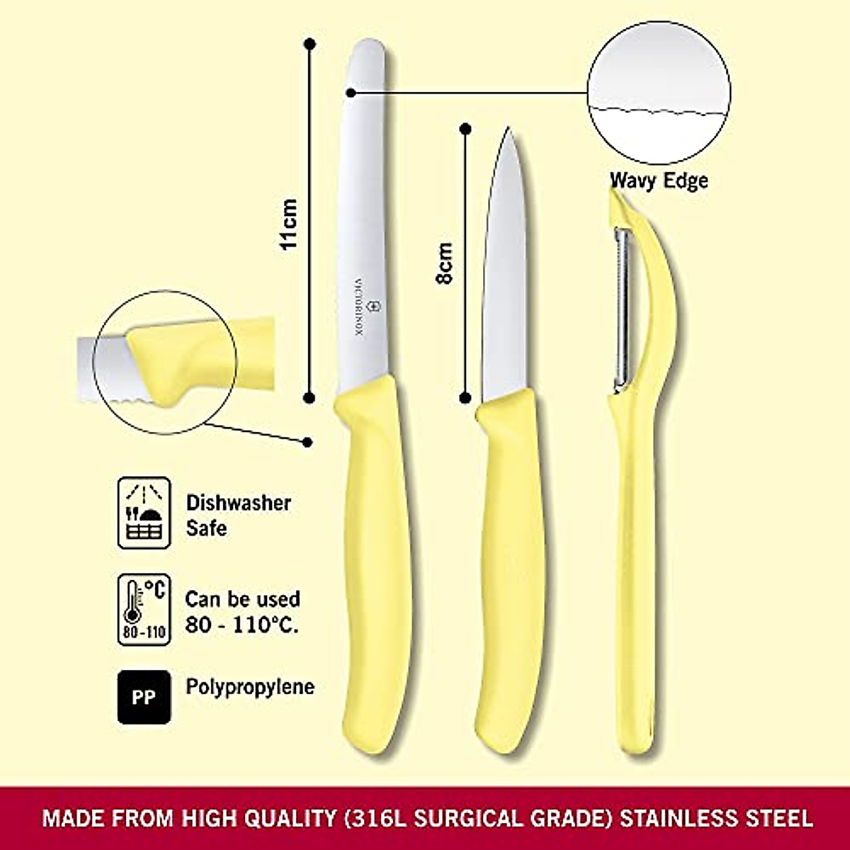 Victorinox Carbon Steel "Swiss Classic Trend Colours Special Edition" Set of 2 Kitchen Knives and 1 Peeler, 11 cm Wavy & 8 cm Straight Edge Knives with a Vegetable Peeler - Lemon, Swiss Made, Medium (6.7116.31L82)