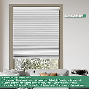 Toanture Custom Cordless Cellular Blinds, Easy to Install Blackout Honeycomb Window Blinds for Shades, Thermal Insulated Honeycomb Blinds for Bedroom, Office(White,Custom Size)
