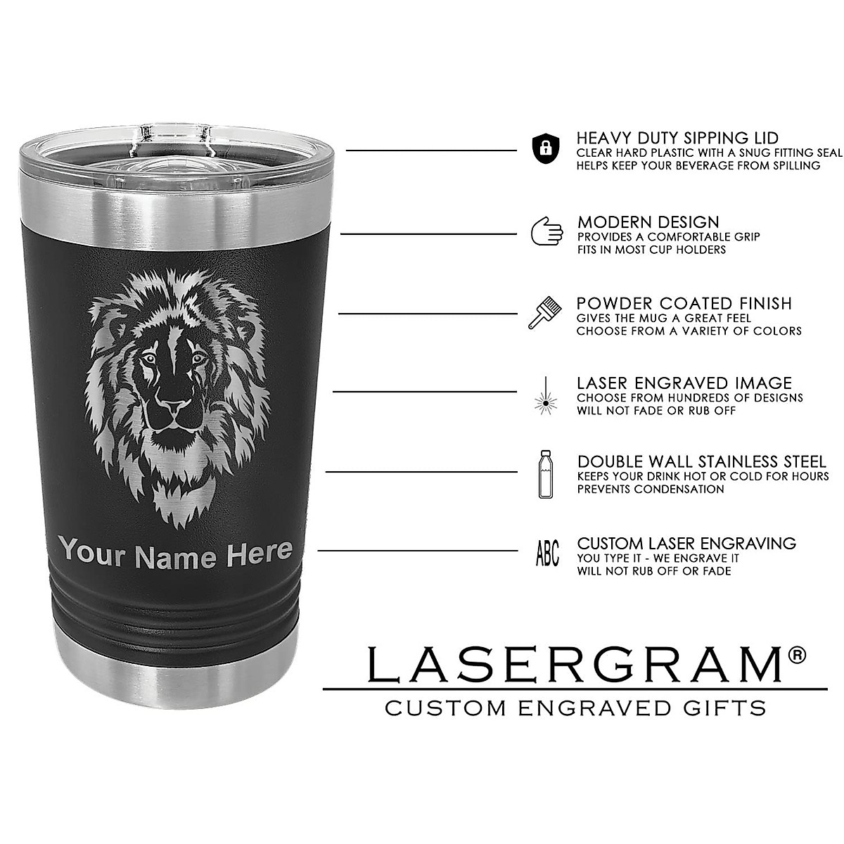 LaserGram 16oz Vacuum Insulated Pint Tumbler, Dragon, Personalized Engraving Included (Black)