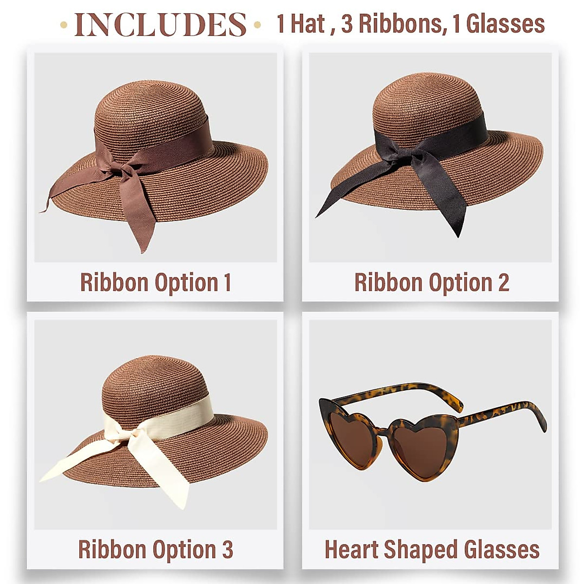 Funcredible Brown Summer Fedora Hat for Women - Wide Brim Straw Beach Hat with Bow and Heart Shape Glasses - UPF 50+ Packable Panama Hat for Women
