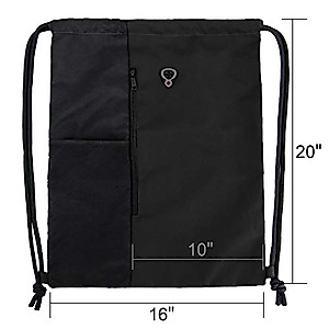 BeeGreen Black Drawstring Backpack Gym Bag For Men Women String Sports Backpack With Water Bottle Mesh Pockets And 2 Zippered Pocket Large Cinch Sackpack Workout Bag 16" x 20"