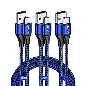 DYUF USB Type C Cable, [3PCS 3.2ft 4.9ft 6.5ft] 3A Fast Charger Cord, Premium Durable Blue Braided USB Cable, Compatible with Samsung Galaxy A50 A51 A71, S20 Plus S10E, Moto G7,etc