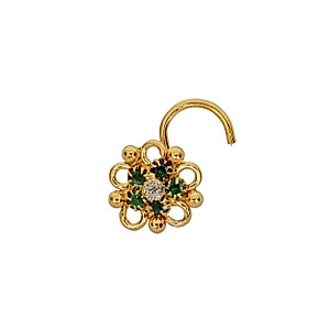 Emerald Nose Stud Crock Screw Flower Ring Gold Unique Indian Piercing CZ Simulated Diamond Jewelry, Green,White,Emerald