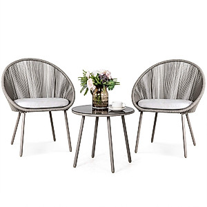 NUU GARDEN 3 Piece Outdoor Bistro Set, Woven Rope Conversation Patio Set, All Weather Patio Furniture Chairs and Table with Cushions for Garden, Deck, Backyard, Balcony, Porch, Gray