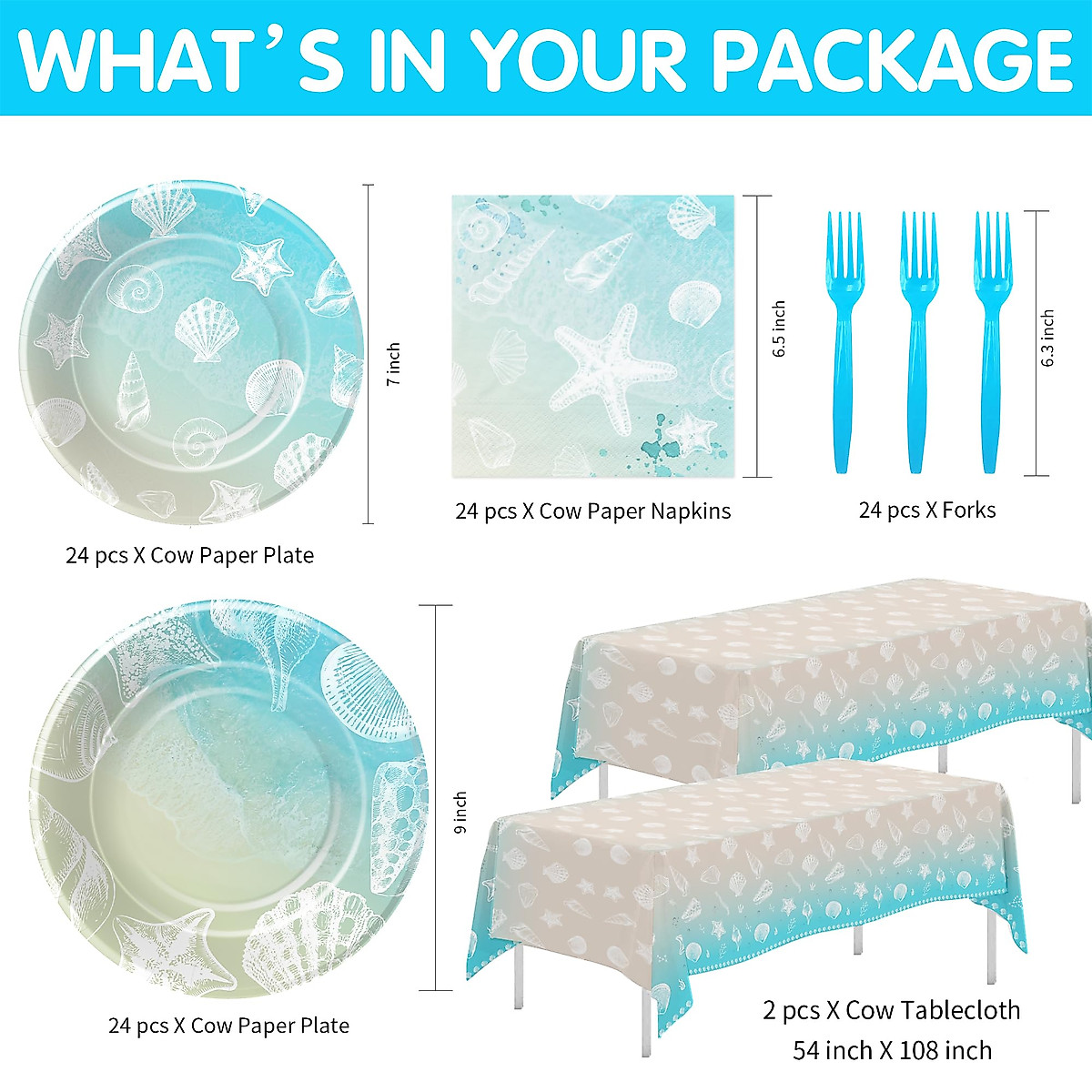 HIPVVILD Seashell Beach Party Supplies, Beach Seashell Theme Table Decorations, Shell Plate, Napkin, Tablecloth, Fork, Ocean Sea Shell Party Tableware For Birthday Baby Shower Wedding Party | Serve 24