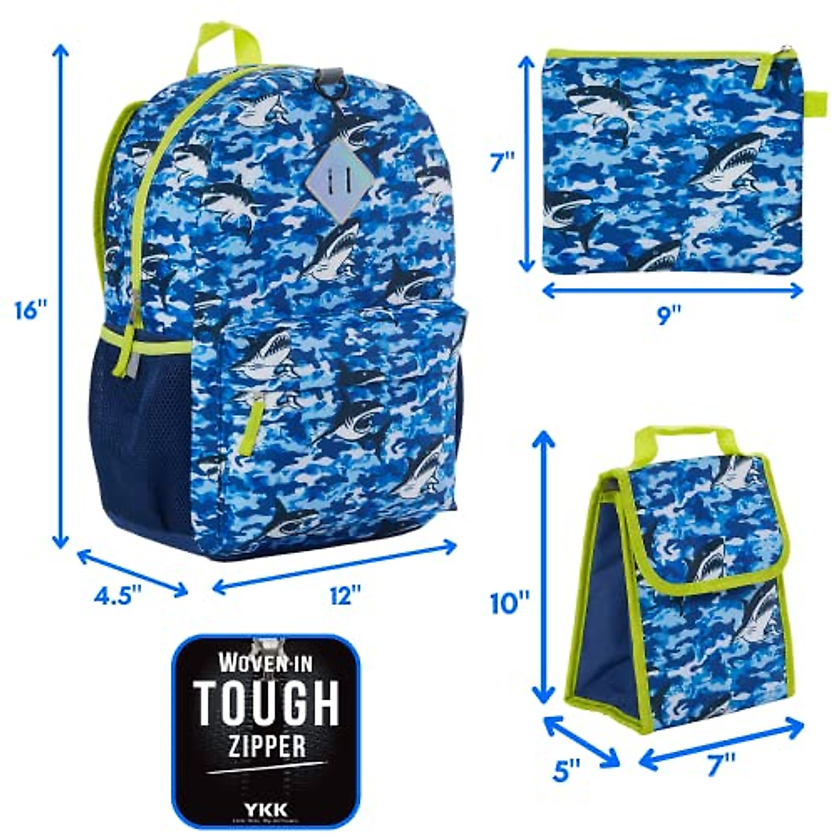 RALME Ocean Blue Camo Shark Backpack Set for Boys, 16 inch, 6 Pieces - Includes Foldable Lunch Bag, Water Bottle, Key Chain, & Pencil Case