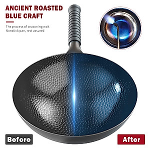 LEPAYU Cast Iron Skillets,12.6 Inch Non-Stick Chinese Woks Traditional Round Bottom Wok No Coating Iron Wok Pure Hand Hammered Wok