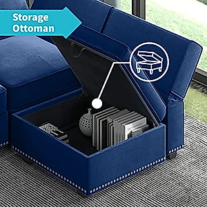 CECER Modular Sectional Sofa Couch,4 Seater Free Combination Sofa Couch with 2 Movable Storage Ottomans, Convertible Sofa Couch with Adjustable Armrest and Backrest for Living Room（Dark Blue）