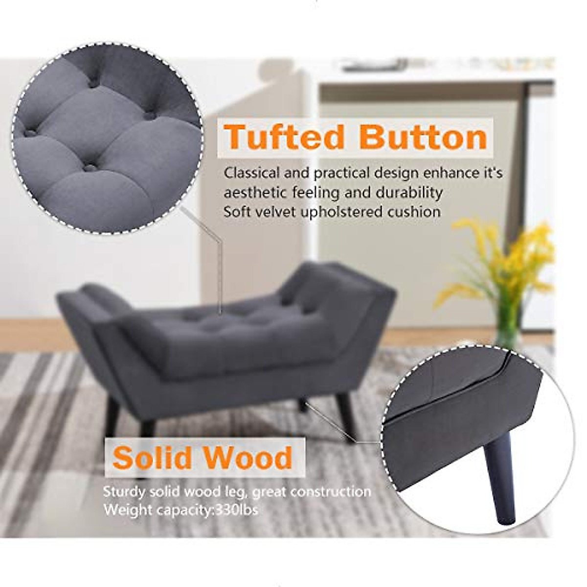 Alunaune Tufted Ottoman Bench Upholstered Entryway Bench Modern Fabric Footstool for Hallway with Wooden Legs-Dark Gray