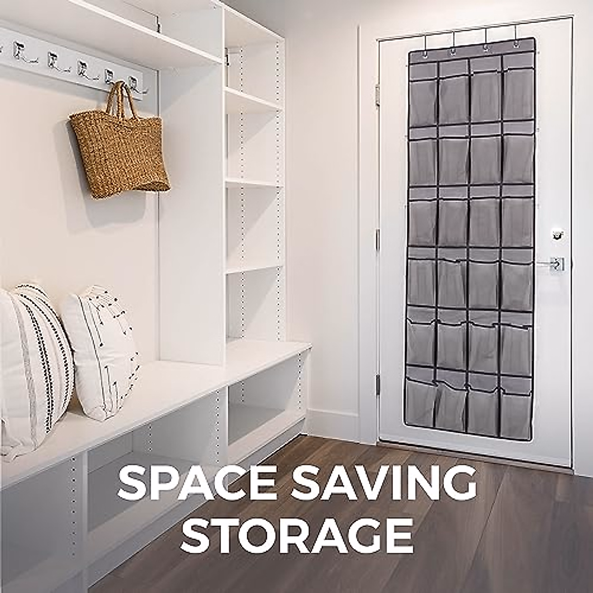 HOME GENIE 24 Pocket Strong Space Saving Over Door Shoe Organizer, Holds Up to 40 Pounds, Stay In Place Hooks Large Breathable Mesh Pocket Hanging Behind Closet Caddy Holder, Cabinet Rack, Gray