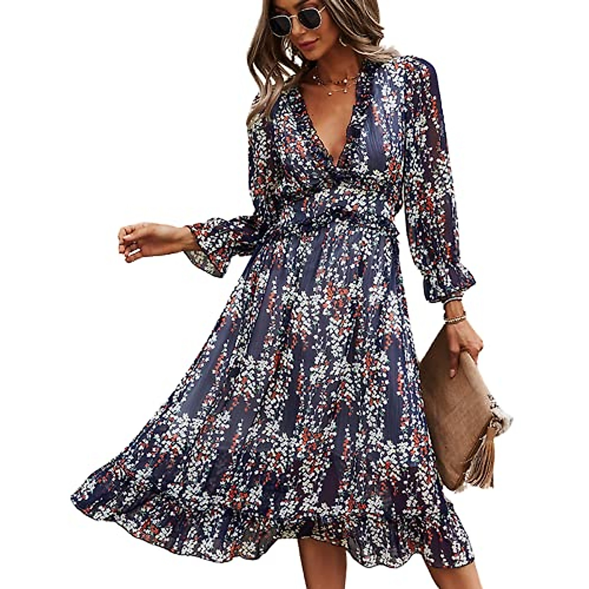 MOPOOGOSS Womens Junior Casual Summer Spring Ruffle Elegant Floral Long Sleeve Sexy V Neck Cute Chiffon Boho Beach Tunic Swing A Line Flowy Long Beach Casual Dresses for Women Navy M