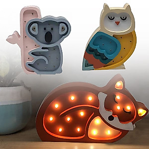 Jwinkumy Decorative LED Night Light for Kids Baby Nursery Decor Cute Fox Wooden Table Lamp Animal Sign Home Bedroom Ornament Birthday Gift