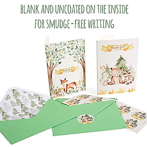 VNS Creations 30 Woodland Thank You Cards | Bulk Forest & Mountain Animals Thank You Notes with Matching Green Envelopes & Stickers | Small & Cute Notecards Perfect for Baby Shower and Kids Birthday.