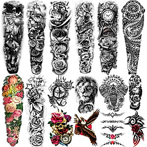Yazhiji Extra Large Temporary Tattoos 8 Sheets Full Arm Fake Tattoos and 8 Sheets Half Arm Tattoo Stickers for Men and Women (22.83"X7.1")