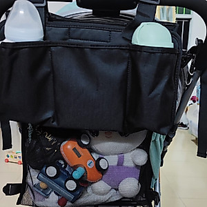 Beautyflier Mesh Stroller Organizer with Extra Large Storage, Universal Stroller Caddy Baby Cup Holders Diaper Storage Accessories Compact Design Fit Any Strollers, Black
