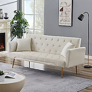 ERYE Beige 3-in-1 Upholstered Futon Loveseat Convertible Sleeper Bed,2-Seaters Sofa & Couch Soft Cushions Love Seat Daybed for Small Space Living Room Napping Velvet Metal Legs
