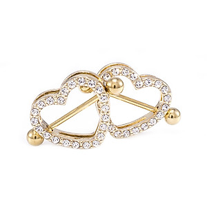 BodyJewelryOnline Heart-Shaped Nipple Shield Barbell Ring, Paved CZ Gems, Ion-Plated Gold Tone, 14 Gauge Shaft Barbell, Smooth Quality Finish, Hypoallergenic, Nickel-Free, Durable, Comfortable