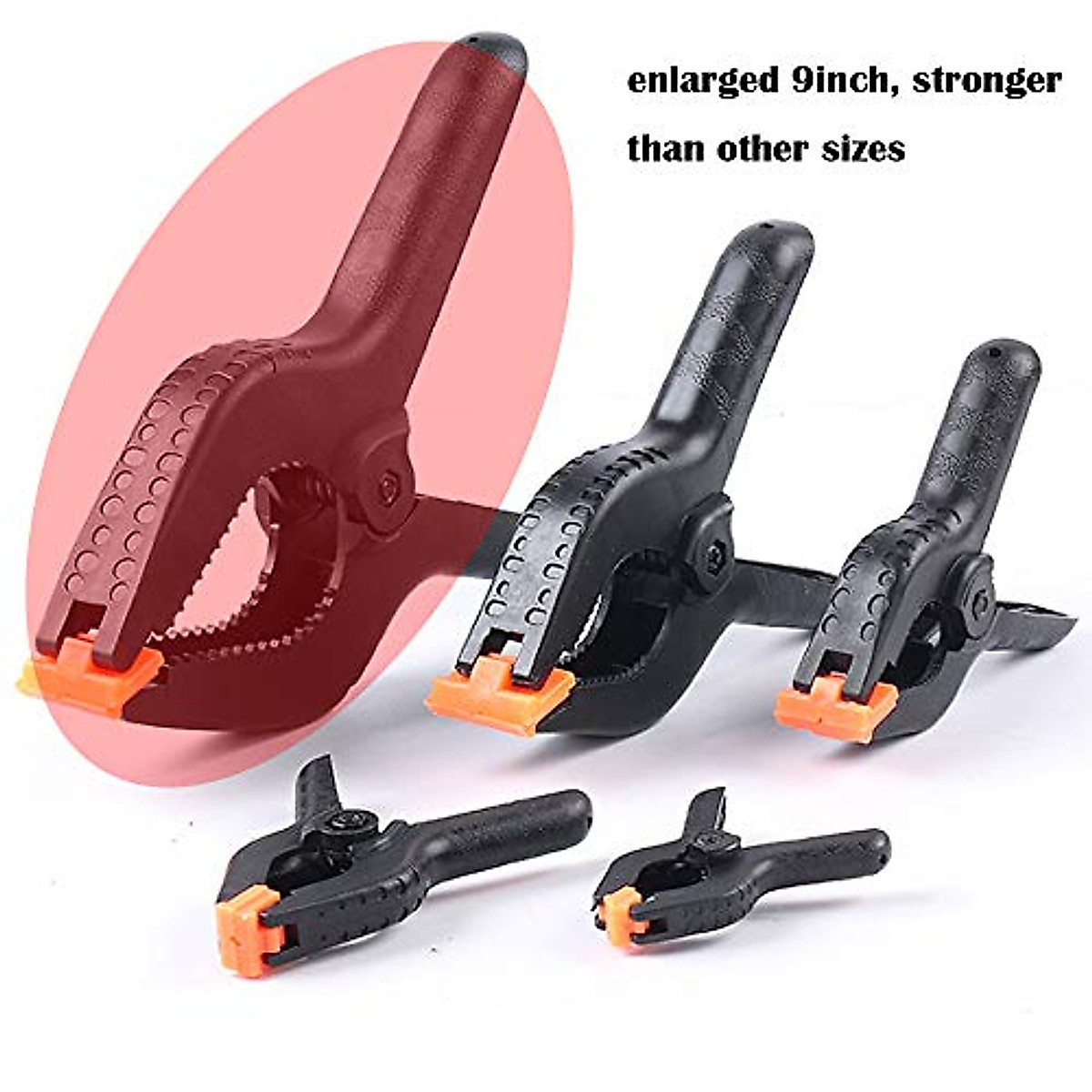 ONDY 2 Pack Of 9” Large Spring Clamps Heavy Duty Nylon Muslin Woodworking Clamps Photo Studio Backdrops Backgrounds Clamps Set, the Jaws Have a Maximum Opening of 4"