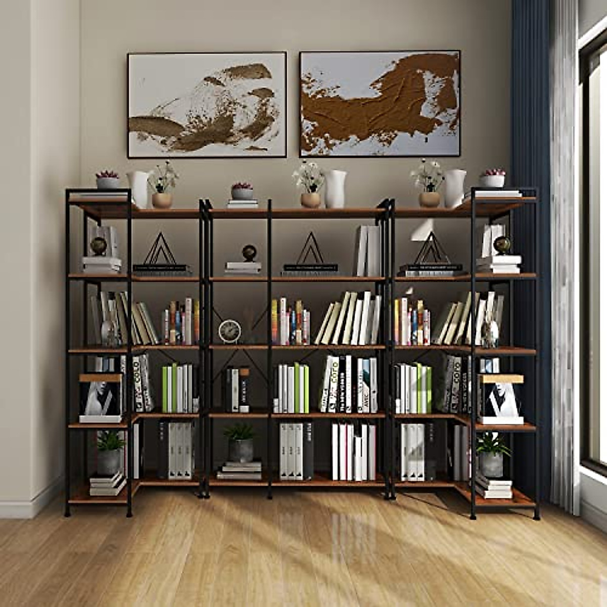 Tohomeor Bookshelf 5 Tier Deformable Corner Bookcase Free Standing Modern Industrial Book Storage Display Book Shelf for Bedroom Living Room Study Room Office (Brown)