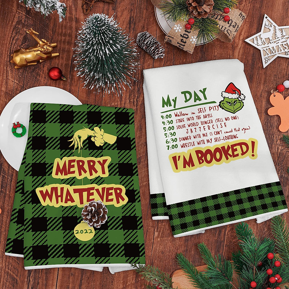 AnyDesign Christmas Kitchen Towel Green Black Buffalo Plaids Dish Towel 28 x 18 Inch Merry Whatever Cartoon Character Tea Towel Xmas Decorative Hand Drying Towel for Kitchen Cooking Baking, 4 Pack