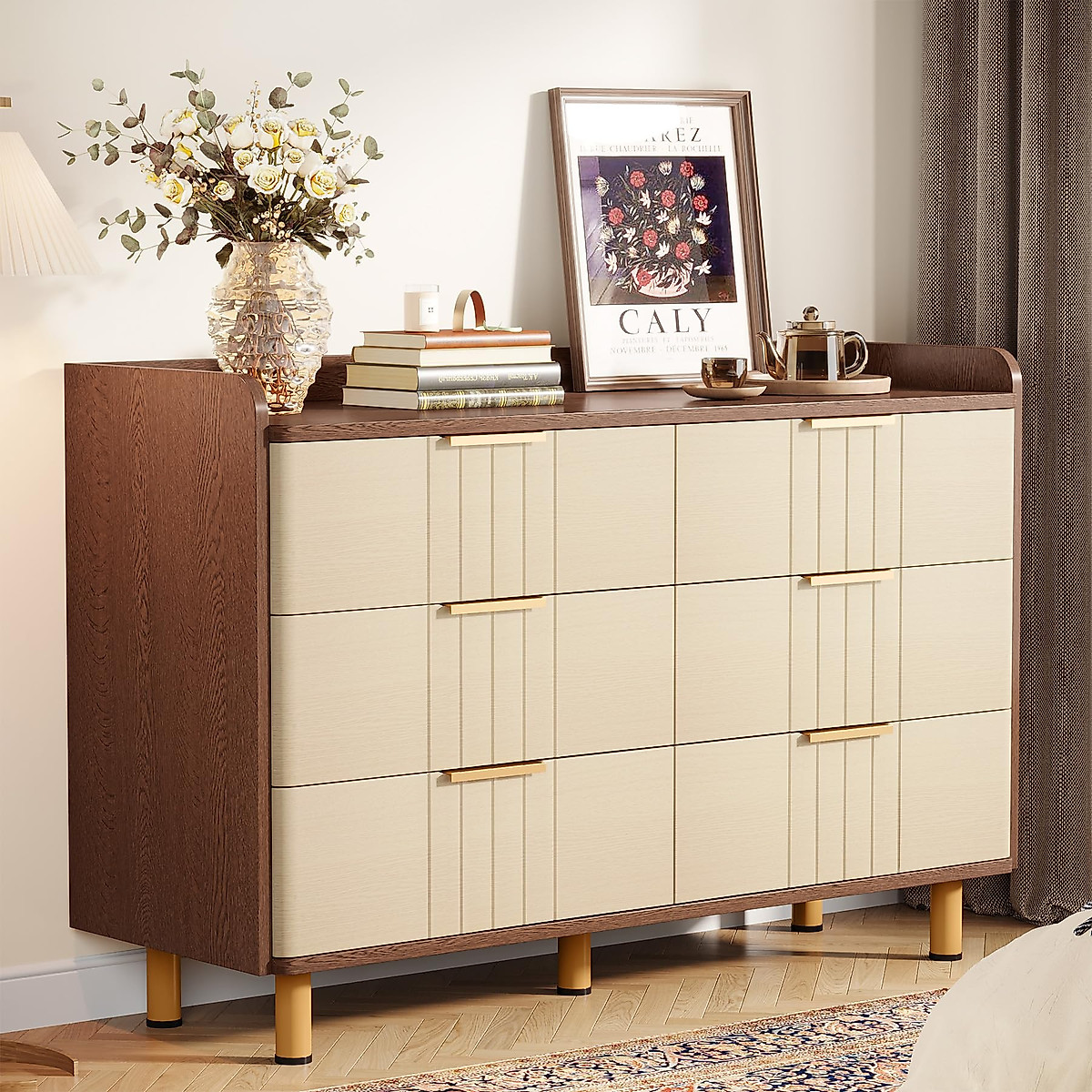 Tribesigns 6 Drawer Double Dresser, Modern Chest of Deep Drawers, Wooden Storage Dresser Organizer with Metal Handles & Sturdy Legs, Large Storage Cabinet for Bedroom, Living Room, Oak & Brown