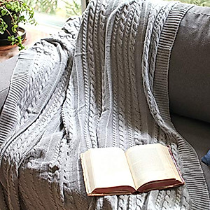 100% Organic Cotton Throw Cable Knit Blanket (50x70in) Super Soft Warm Luxurious Pure All-Season Eco-Friendly (Grey)
