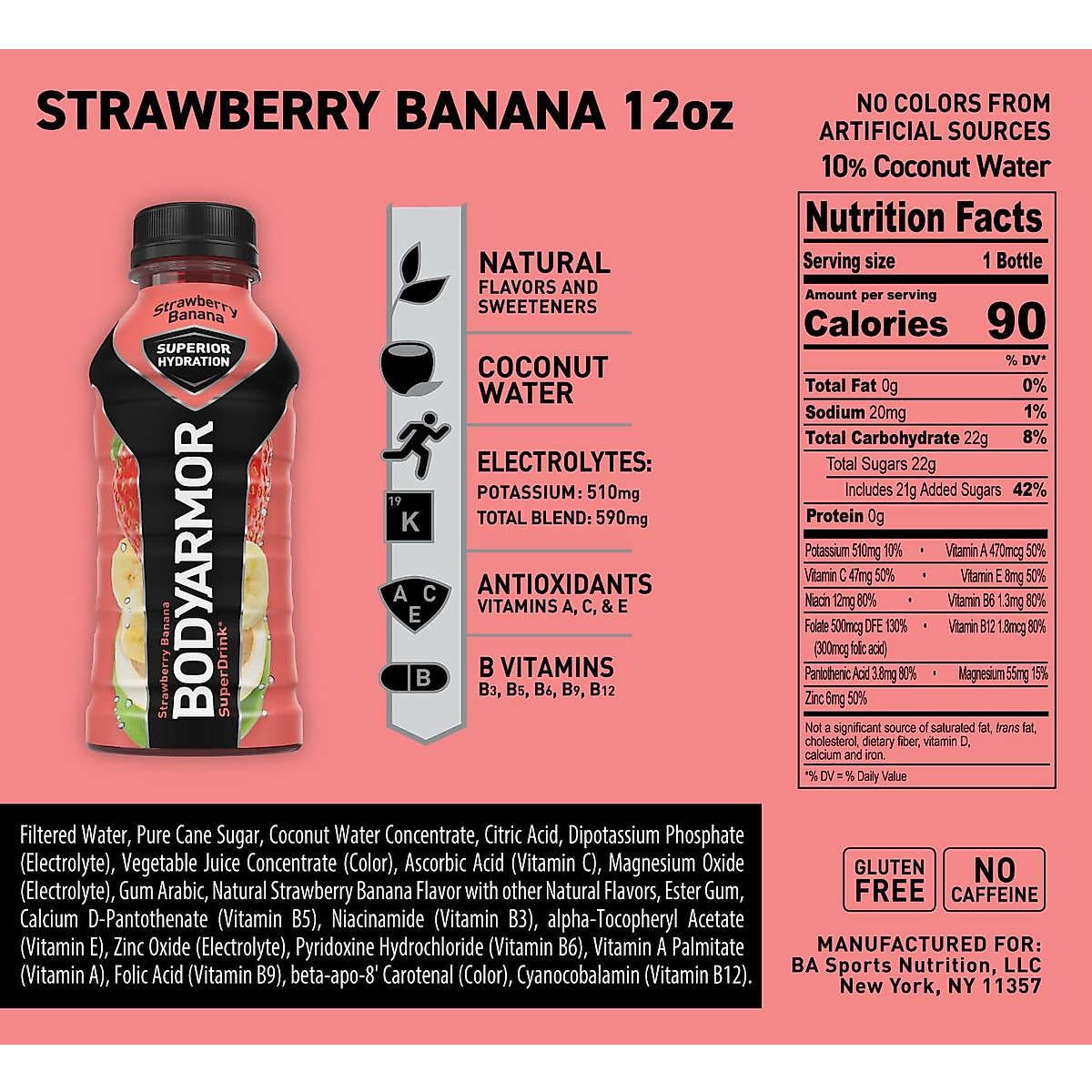 BODYARMOR Sports Drink Sports Beverage, Strawberry Banana, Coconut Water Hydration, Natural Flavors With Vitamins, Potassium-Packed Electrolytes, Perfect For Athletes, 12 Fl Oz (Pack of 8)