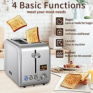 SEEDEEM Toaster 2 Slice, Stainless Steel Bread Toaster with Colorful LCD Display, 7 Bread Shade Settings, 1.4'' Wide Slots Toaster with Bagel/Defrost/Reheat Functions, Removable Crumb Tray, 900W, Silver Metallic