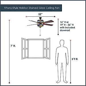 RIVER OF GOODS Tiffany-Style Halston Stained Glass Ceiling Fan - 52" L x 52" W - Mahogany and Black Fan Blades - Blue
