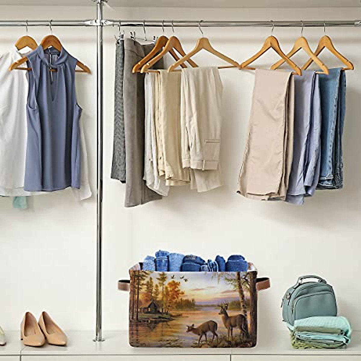 Rectangular Storage Bin Cube Forest Animal Deer Tree River Foldable Organizer Basket with Handles, Collapsible Storage Box for Kids Toy Shelf Closet Nursery