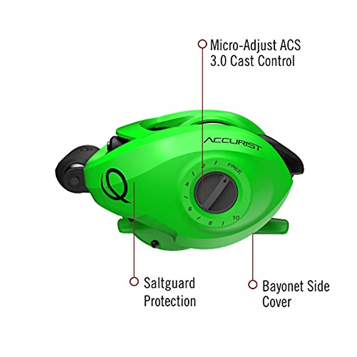 Quantum Accurist Baitcast Fishing Reel, Size 100 Reel, Right-Hand Retrieve, Oversized Non-Slip Handle Knobs and Continuous Anti-Reverse Clutch, One-Piece Aluminum Frame, 7.0:1 Gear Ratio, Green