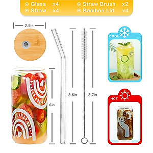 veecom Glass Cups with Lids and Straws, 4pcs Set Boho Printed Drinking Glasses with Bamboo Lids, 16oz Iced Coffee Cup with Lids, Cute Glass Coffee Cups Tumbler for Coffee, Smoothie, Boba